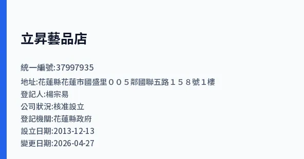 立昇藝品店的照片-統編 37997935(花蓮縣) 公司登記資料與營業項目詳細圖表