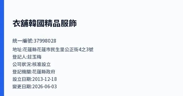衣舖韓國精品服飾的照片-統編 37998028(花蓮縣) 公司登記資料與營業項目詳細圖表