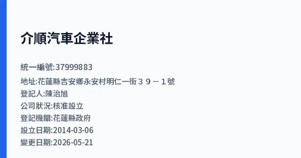 介順汽車企業社的照片-統編 37999883(花蓮縣) 公司登記資料與營業項目詳細圖表