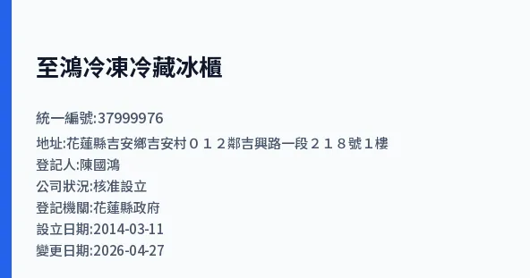 至鴻冷凍冷藏冰櫃的照片-統編 37999976(花蓮縣) 公司登記資料與營業項目詳細圖表