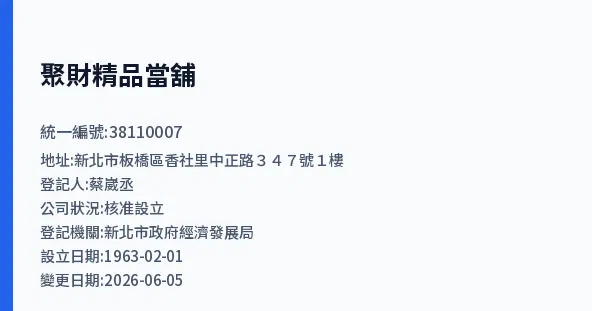 聚財精品當舖的照片-統編 38110007(新北市) 公司登記資料與營業項目詳細圖表