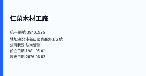 仁榮木材工廠的照片-統編 38401976(新北市) 公司登記資料與營業項目詳細圖表