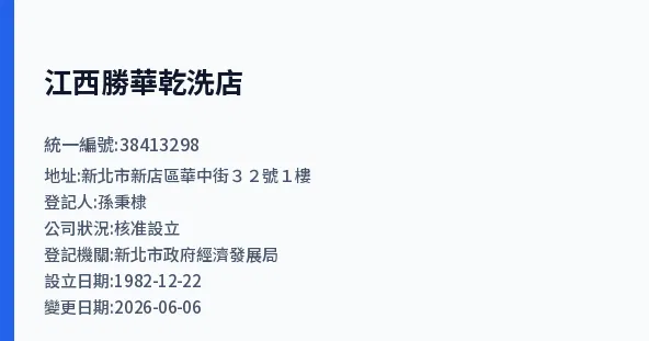 江西勝華乾洗店的照片-統編 38413298(新北市) 公司登記資料與營業項目詳細圖表