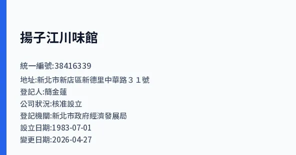 揚子江川味館的照片-統編 38416339(新北市) 公司登記資料與營業項目詳細圖表