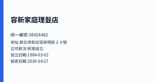 容新家庭理髮店的照片-統編 38418462(新北市) 公司登記資料與營業項目詳細圖表