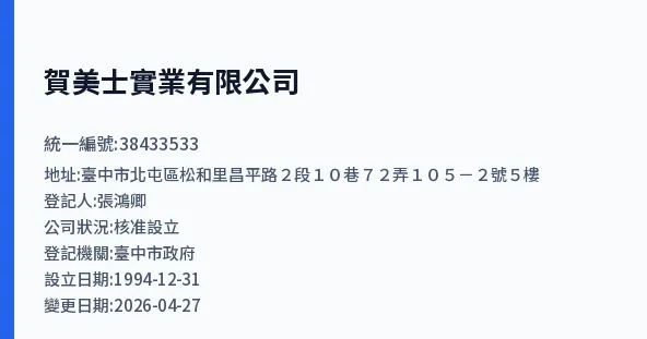 賀美士實業有限公司的照片-統編 38433533(臺中市) 公司登記資料與營業項目詳細圖表