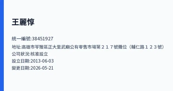 王麗惇的照片-統編 38451927(高雄市) 公司登記資料與營業項目詳細圖表