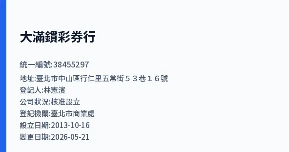 大滿鏆彩券行的照片-統編 38455297(臺北市) 公司登記資料與營業項目詳細圖表
