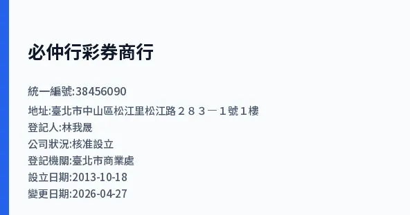 必仲行彩券商行的照片-統編 38456090(臺北市) 公司登記資料與營業項目詳細圖表