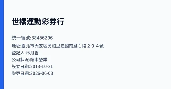 世橋運動彩券行的照片-統編 38456296(臺北市) 公司登記資料與營業項目詳細圖表