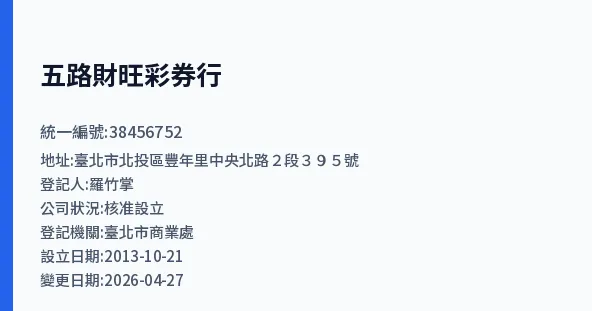 五路財旺彩券行的照片-統編 38456752(臺北市) 公司登記資料與營業項目詳細圖表