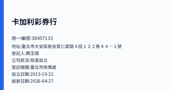 卡加利彩券行的照片-統編 38457133(臺北市) 公司登記資料與營業項目詳細圖表