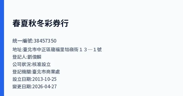 春夏秋冬彩券行的照片-統編 38457350(臺北市) 公司登記資料與營業項目詳細圖表