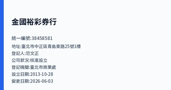 金國裕彩券行的照片-統編 38458581(臺北市) 公司登記資料與營業項目詳細圖表