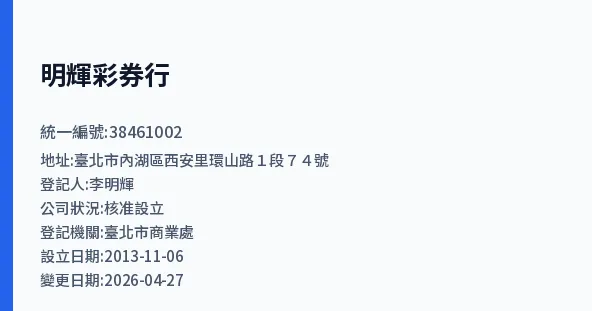 明輝彩券行的照片-統編 38461002(臺北市) 公司登記資料與營業項目詳細圖表