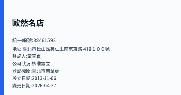 歐然名店的照片-統編 38461592(臺北市) 公司登記資料與營業項目詳細圖表