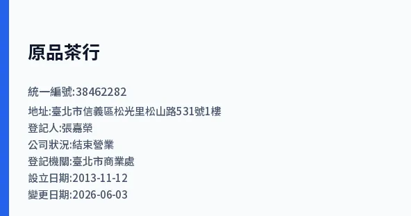 原品茶行的照片-統編 38462282(臺北市) 公司登記資料與營業項目詳細圖表