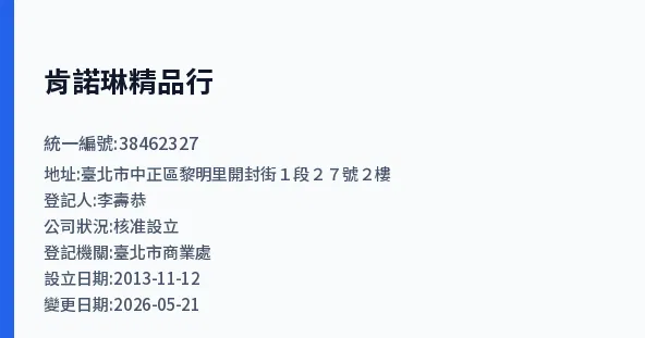 肯諾琳精品行的照片-統編 38462327(臺北市) 公司登記資料與營業項目詳細圖表