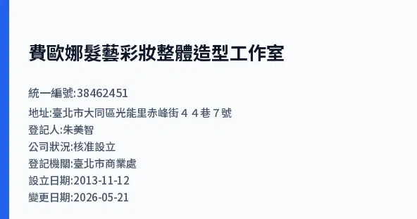 費歐娜髮藝彩妝整體造型工作室的照片-統編 38462451(臺北市) 公司登記資料與營業項目詳細圖表