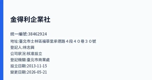 金得利企業社的照片-統編 38462924(臺北市) 公司登記資料與營業項目詳細圖表