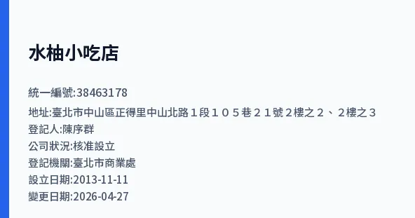 水柚小吃店的照片-統編 38463178(臺北市) 公司登記資料與營業項目詳細圖表