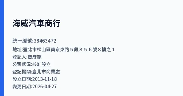 海威汽車商行的照片-統編 38463472(臺北市) 公司登記資料與營業項目詳細圖表