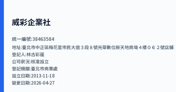 威彩企業社的照片-統編 38463584(臺北市) 公司登記資料與營業項目詳細圖表