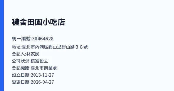 穠舍田園小吃店的照片-統編 38464628(臺北市) 公司登記資料與營業項目詳細圖表