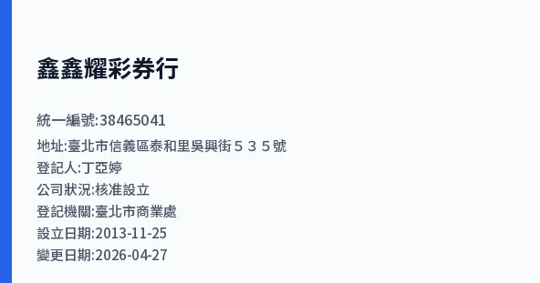 鑫鑫耀彩券行的照片-統編 38465041(臺北市) 公司登記資料與營業項目詳細圖表