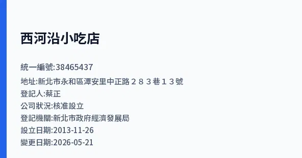 西河沿小吃店的照片-統編 38465437(新北市) 公司登記資料與營業項目詳細圖表