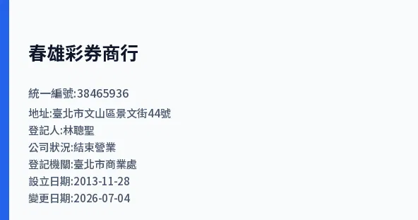 春雄彩券商行的照片-統編 38465936(臺北市) 公司登記資料與營業項目詳細圖表