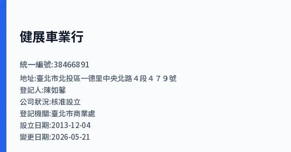 健展車業行的照片-統編 38466891(臺北市) 公司登記資料與營業項目詳細圖表