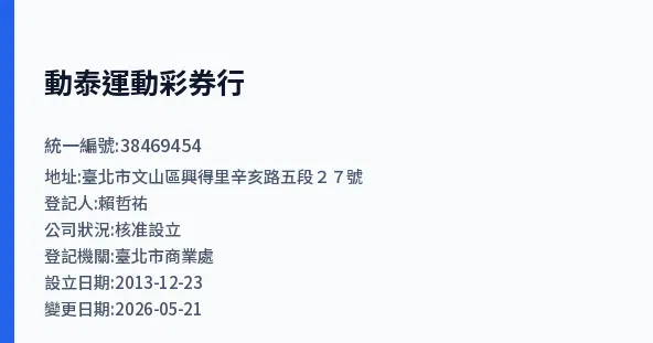 動泰運動彩券行的照片-統編 38469454(臺北市) 公司登記資料與營業項目詳細圖表