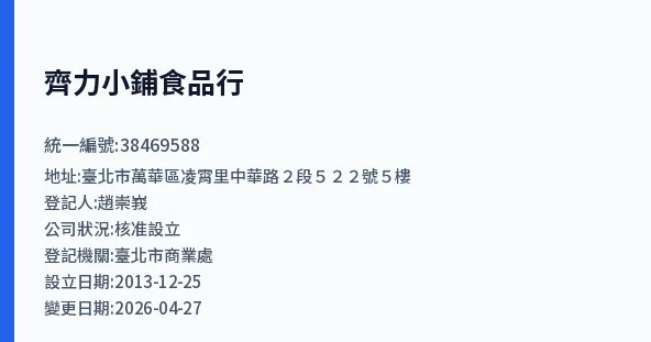 齊力小鋪食品行的照片-統編 38469588(臺北市) 公司登記資料與營業項目詳細圖表