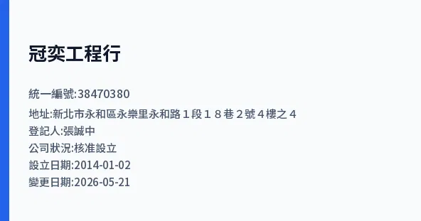 冠奕工程行的照片-統編 38470380(新北市) 公司登記資料與營業項目詳細圖表