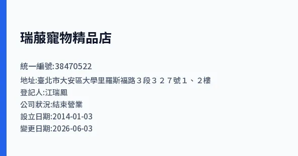 瑞菔寵物精品店的照片-統編 38470522(臺北市) 公司登記資料與營業項目詳細圖表