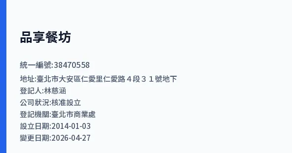 品享餐坊的照片-統編 38470558(臺北市) 公司登記資料與營業項目詳細圖表
