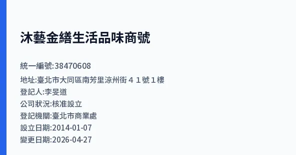 沐藝金繕生活品味商號的照片-統編 38470608(臺北市) 公司登記資料與營業項目詳細圖表