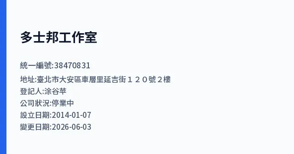 多士邦工作室的照片-統編 38470831(臺北市) 公司登記資料與營業項目詳細圖表