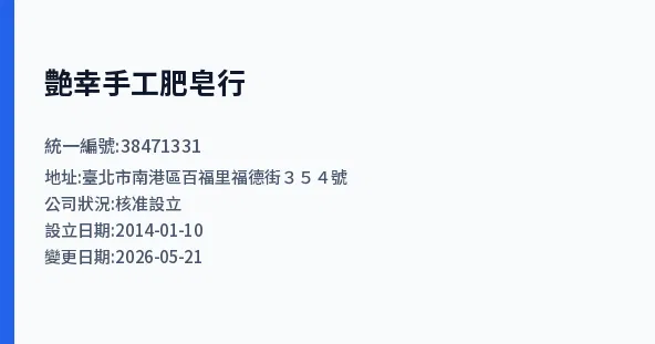 艶幸手工肥皂行的照片-統編 38471331(臺北市) 公司登記資料與營業項目詳細圖表