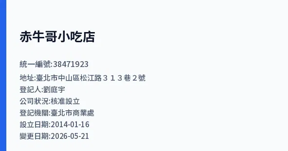 赤牛哥小吃店的照片-統編 38471923(臺北市) 公司登記資料與營業項目詳細圖表