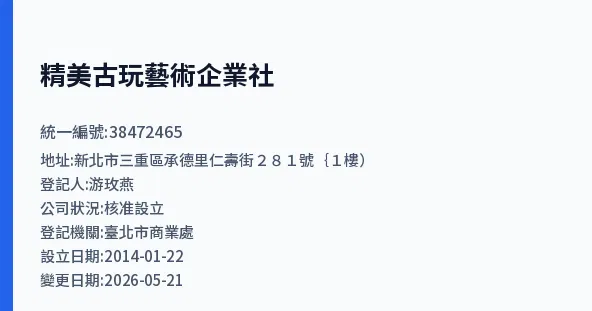 精美古玩藝術企業社的照片-統編 38472465(新北市) 公司登記資料與營業項目詳細圖表