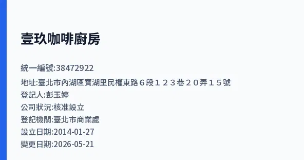壹玖咖啡廚房的照片-統編 38472922(臺北市) 公司登記資料與營業項目詳細圖表