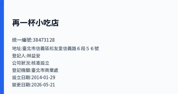 再一杯小吃店的照片-統編 38473128(臺北市) 公司登記資料與營業項目詳細圖表