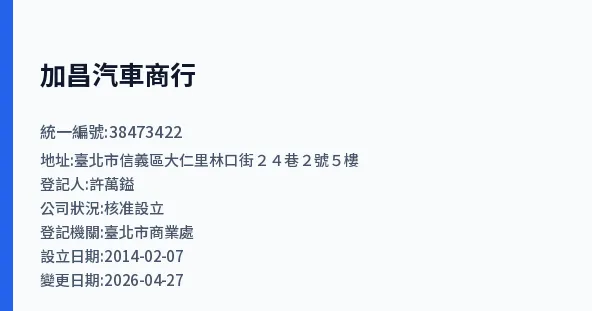 加昌汽車商行的照片-統編 38473422(臺北市) 公司登記資料與營業項目詳細圖表