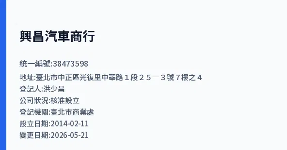 興昌汽車商行的照片-統編 38473598(臺北市) 公司登記資料與營業項目詳細圖表