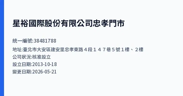 星裕國際股份有限公司忠孝門市的照片-統編 38481788(臺北市) 公司登記資料與營業項目詳細圖表