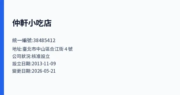 仲軒小吃店的照片-統編 38485412(臺北市) 公司登記資料與營業項目詳細圖表