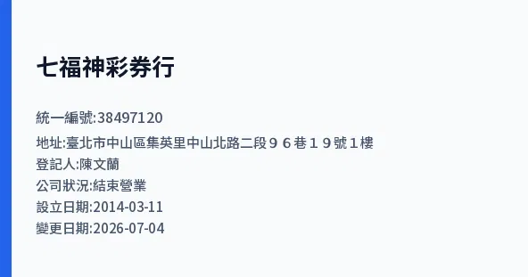 七福神彩券行的照片-統編 38497120(臺北市) 公司登記資料與營業項目詳細圖表