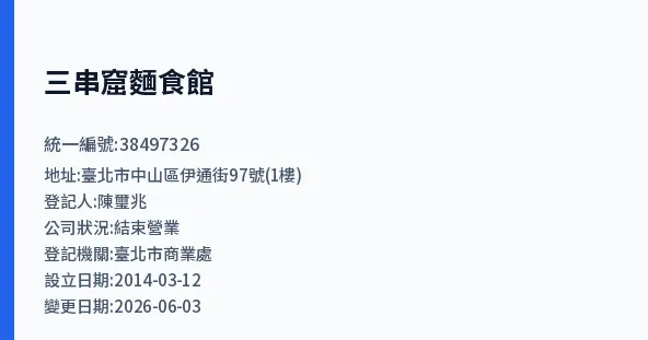 三串窟麵食館的照片-統編 38497326(臺北市) 公司登記資料與營業項目詳細圖表